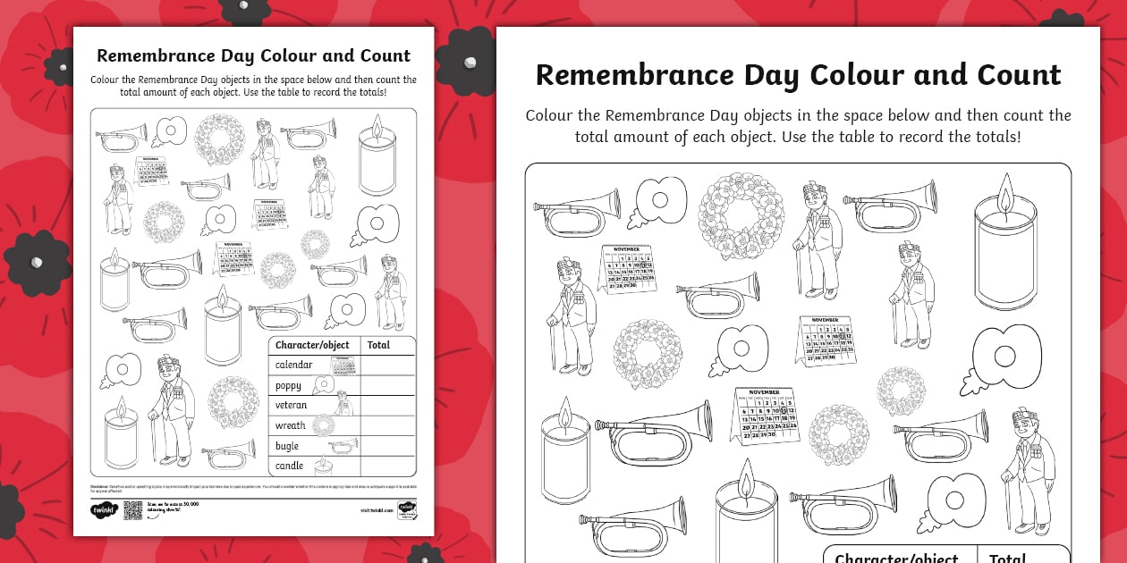 👉 Remembrance Day Colour and Count Worksheet - Twinkl