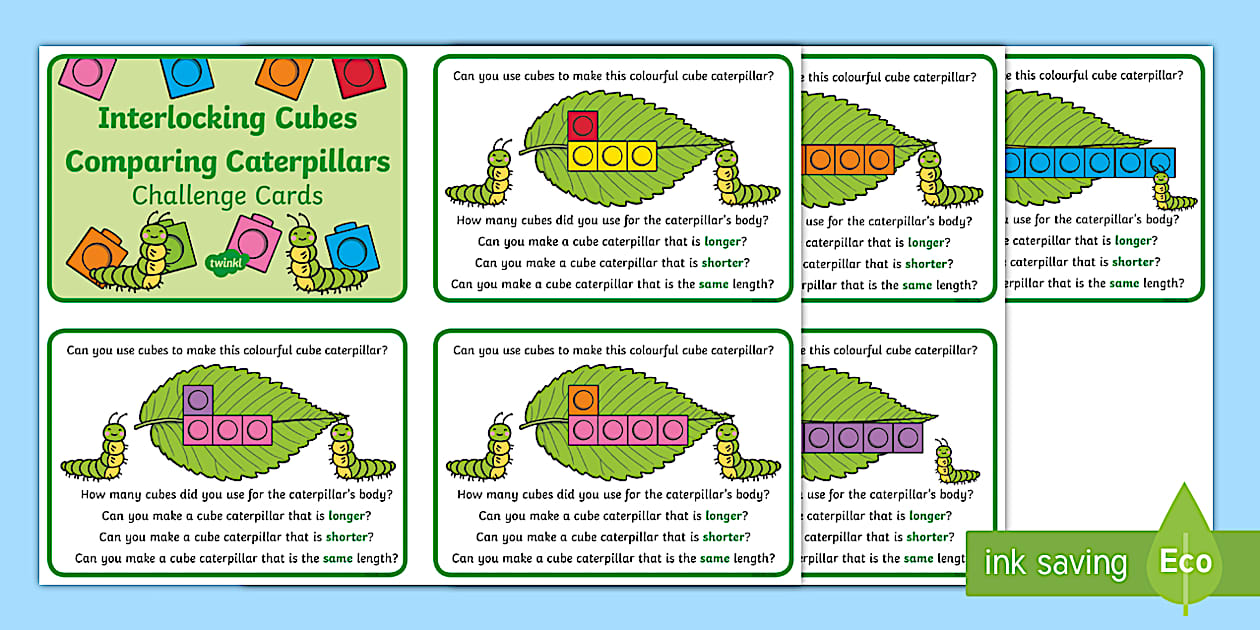Black and White Interlocking Cubes Comparing Caterpillars Challenge Cards
