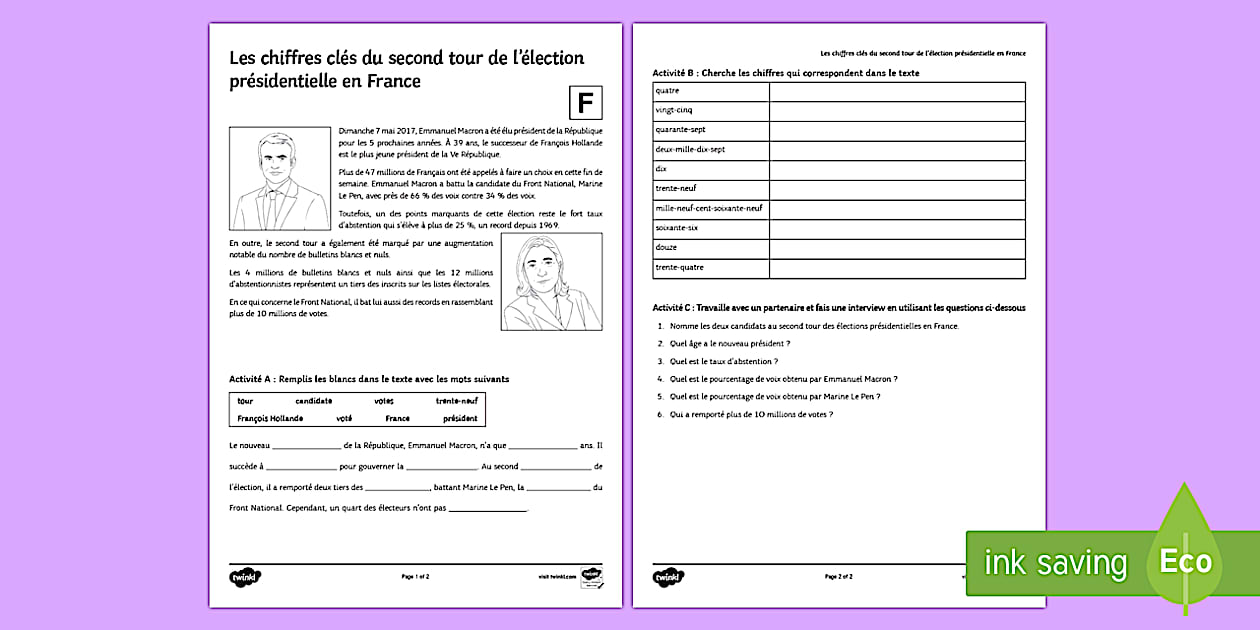 French Elections Foundation Tier Worksheet / Worksheet French