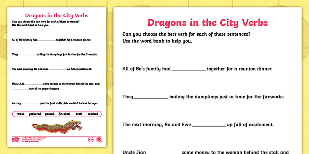 Dragons in the City Verb Worksheets - Chinese New Year