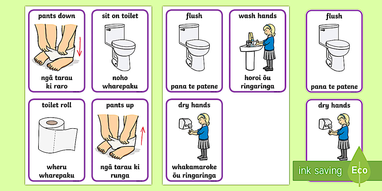 Toilet Procedure Flashcards English/Te Reo Māori - Twinkl