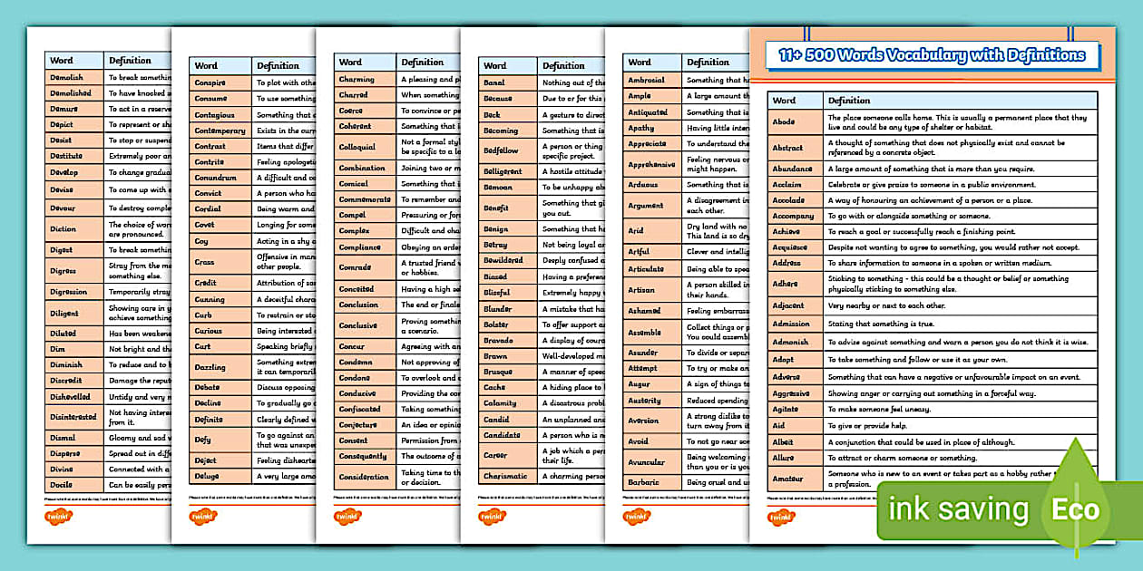 11+ Vocabulary List - 500 Words & Definitions (teacher made)