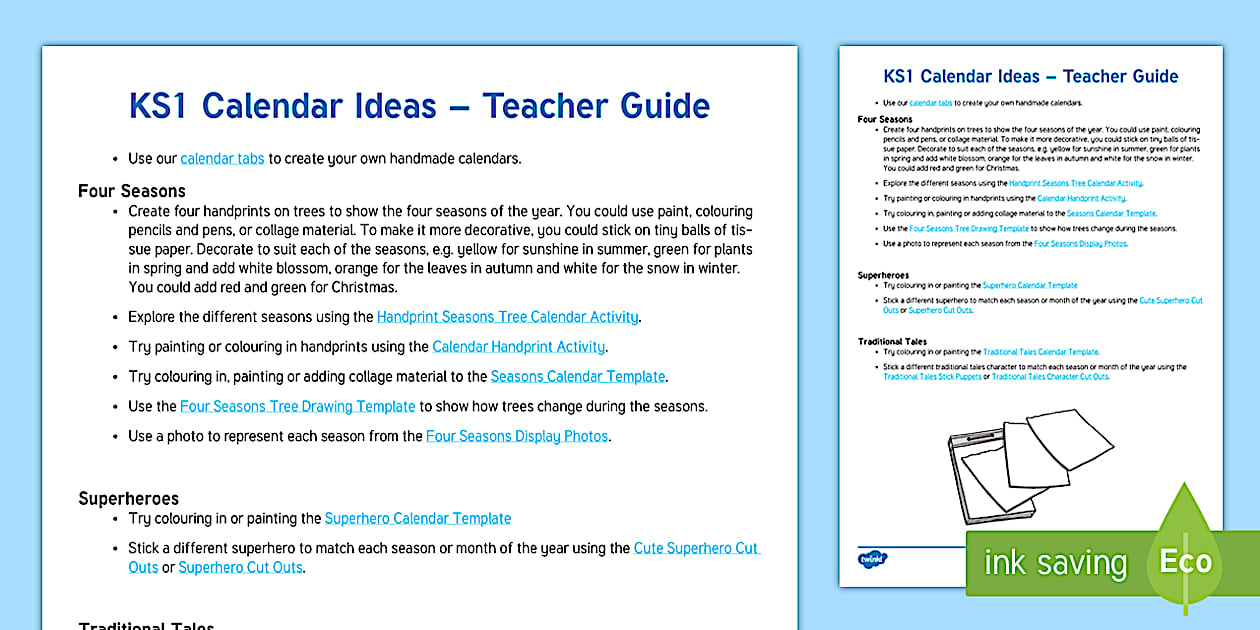 Black and White KS1 Calendar Ideas Teacher Guide - Twinkl
