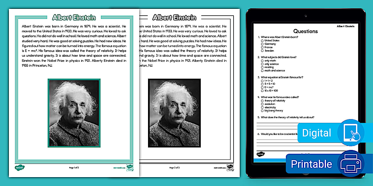First Grade Albert Einstein Reading Comprehension Worksheet