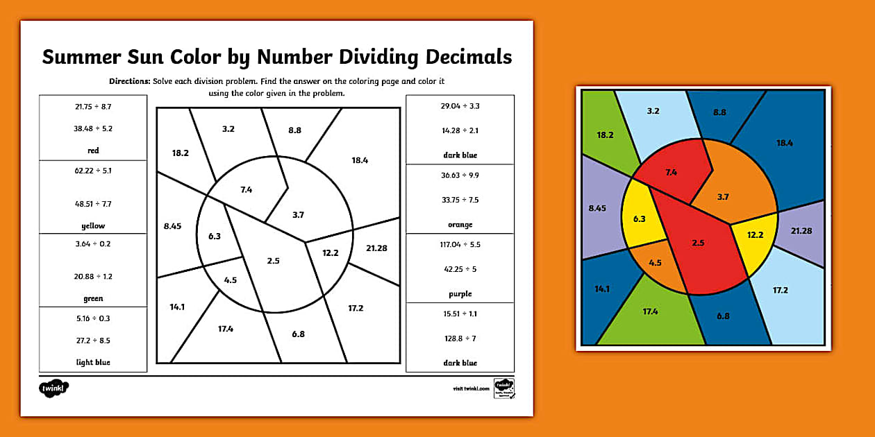 Sixth Grade Summer Sun Color by Number Dividing Decimals Worksheet