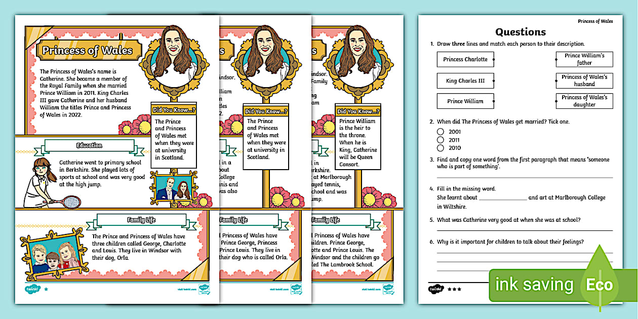 KS1 The Princess of Wales Reading Comprehension Activity