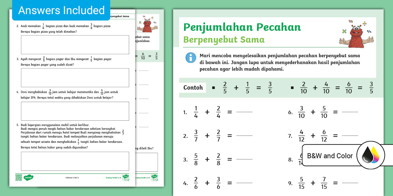 Lembar Kerja Penjumlahan Pecahan Berpenyebut Sama - Twinkl