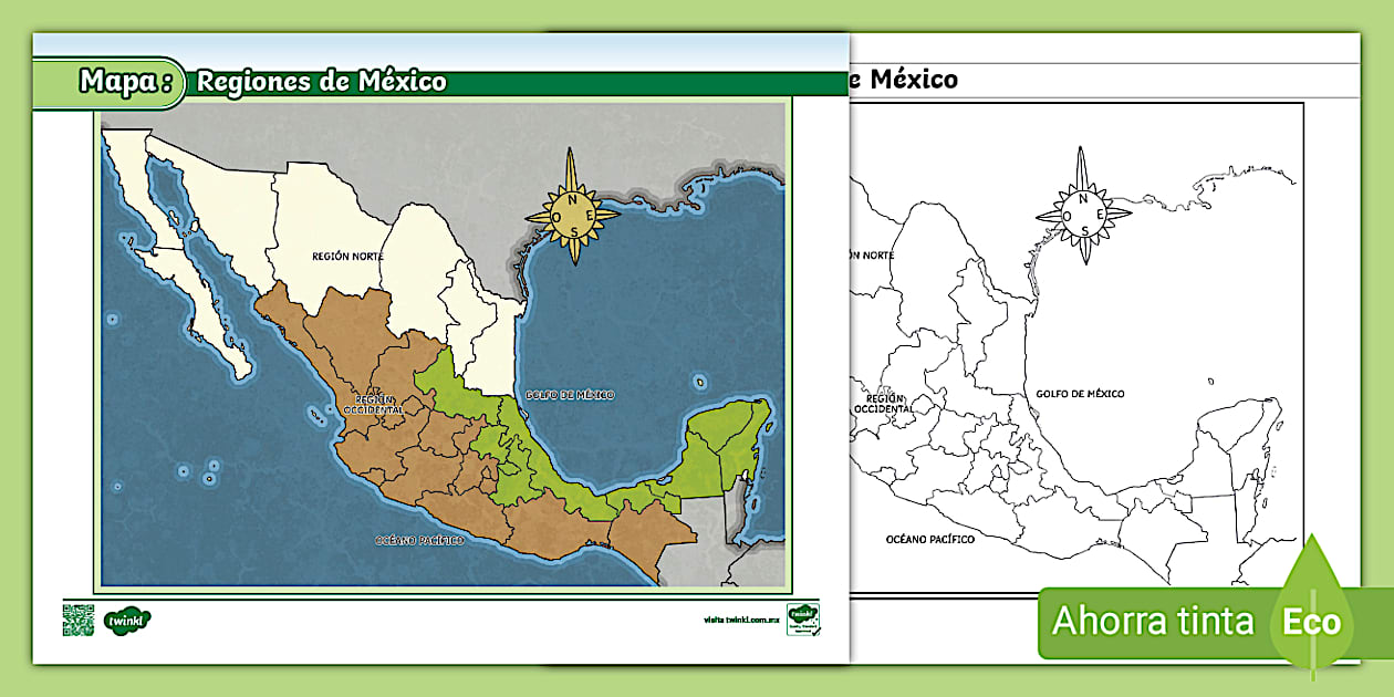Mapa de las regiones de México para imprimir (teacher made)