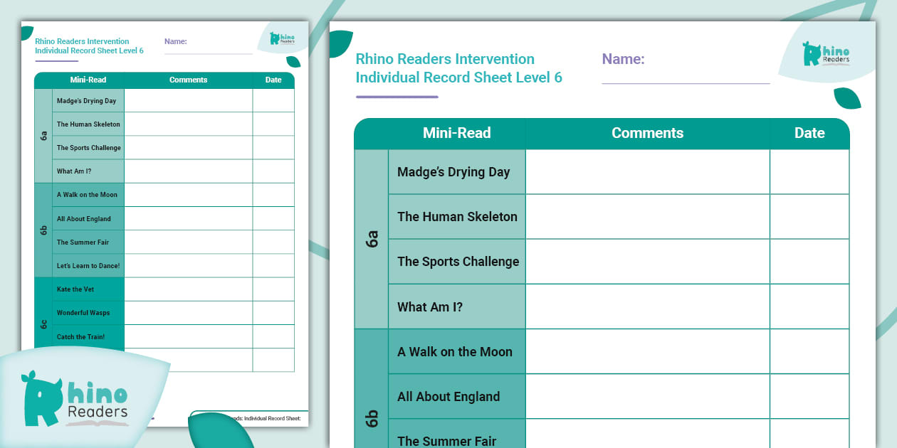 Level 6 Rhino Readers Intervention: Individual Record Sheet