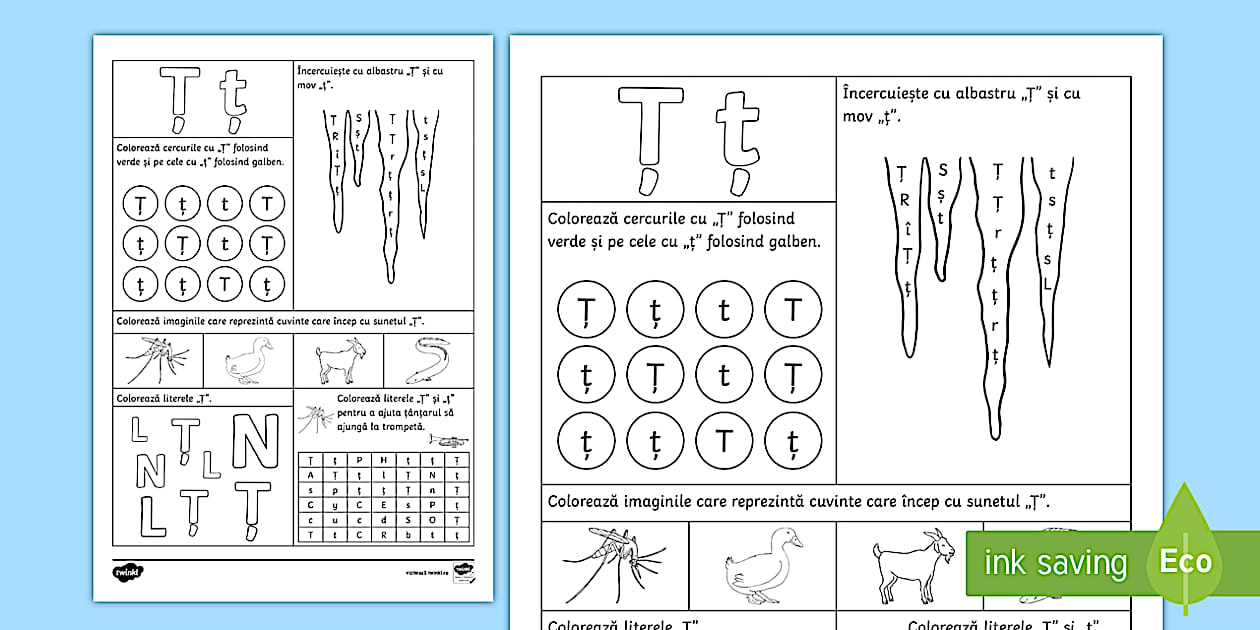 Recunoașterea literei Ț ț - Fișă de lucru - Twinkl