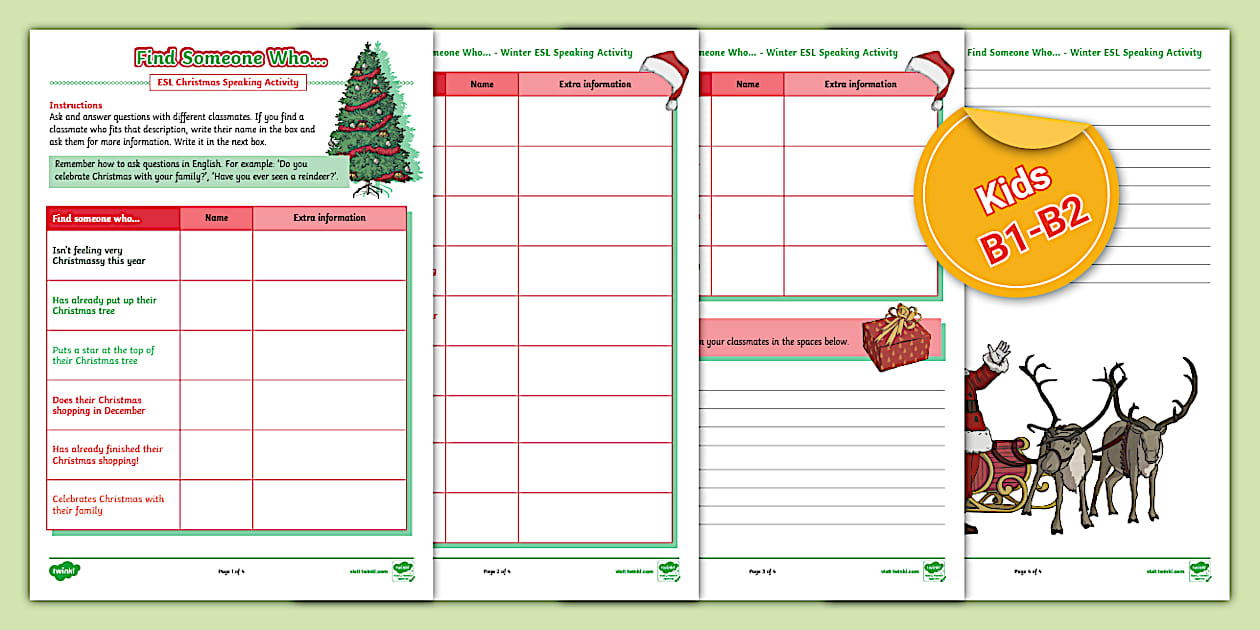 ESL Christmas 'Find Someone Who' Speaking Activity [Kids, B1-B2]