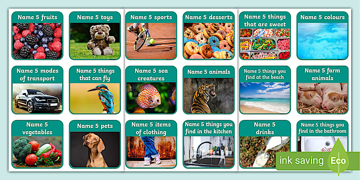 Name 5 Things Categories Photo Card Game (teacher made)