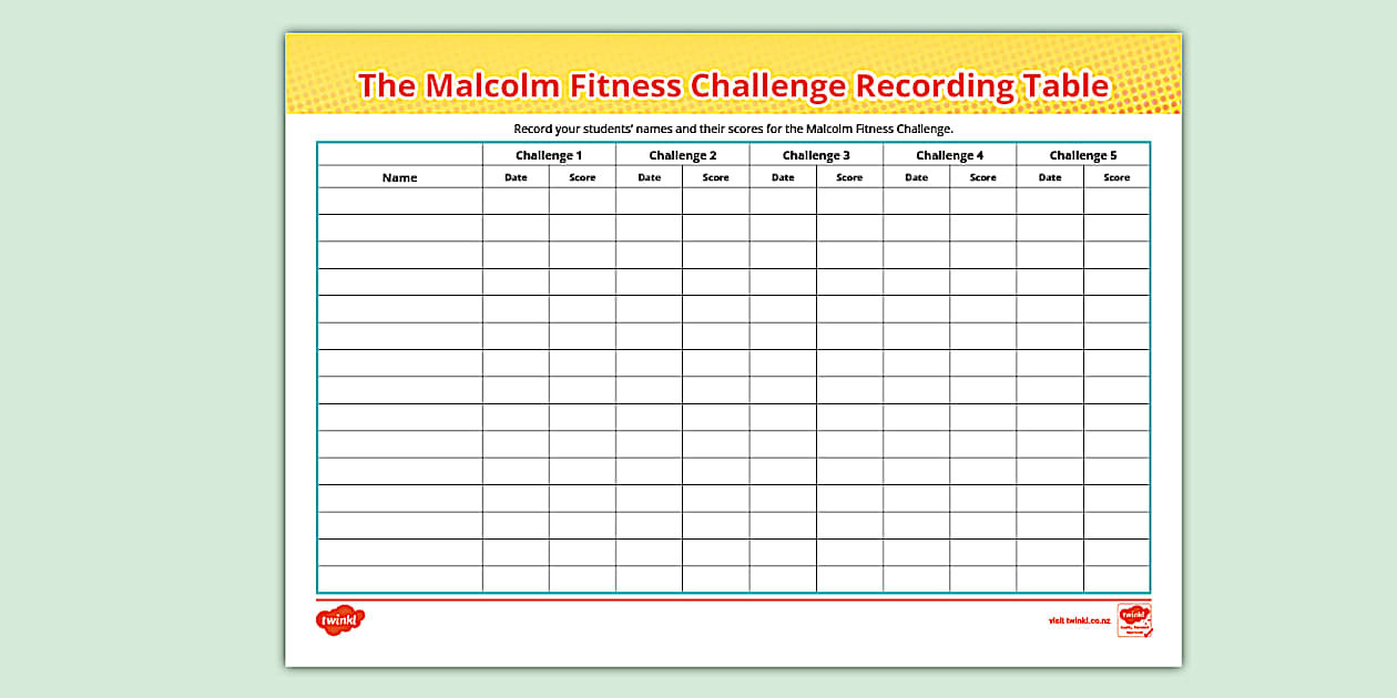 The Malcolm Fitness Challenge Class Display Recording Sheet