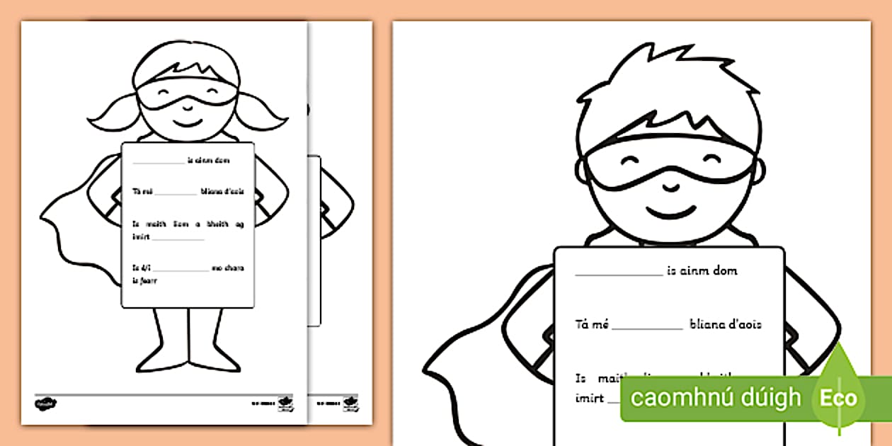 All About Me Superhero Writing Template Gaeilge - Twinkl