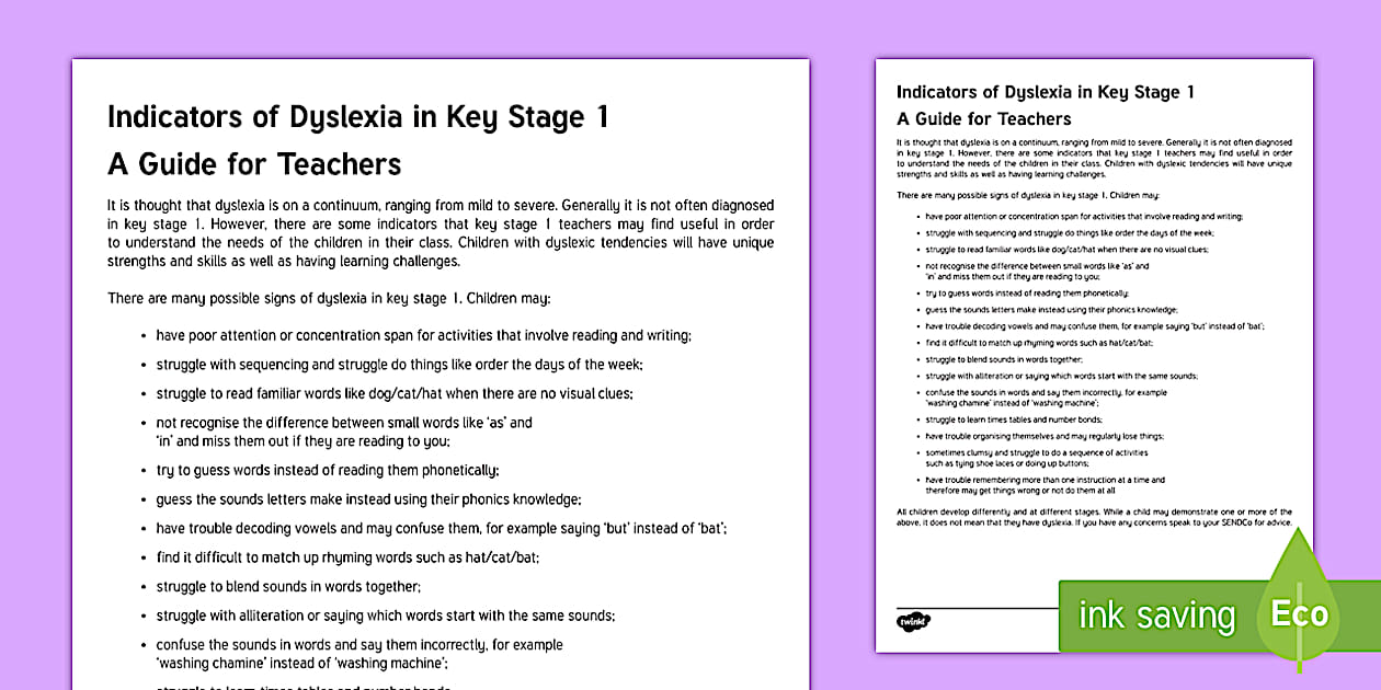 Indicators of Dyslexia in Key Stage 1 Adult Guidance