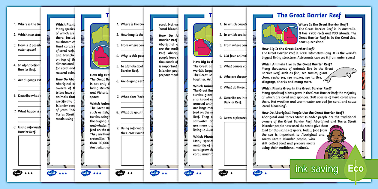 QLD Great Barrier Reef Differentiated Reading Comprehension Activity