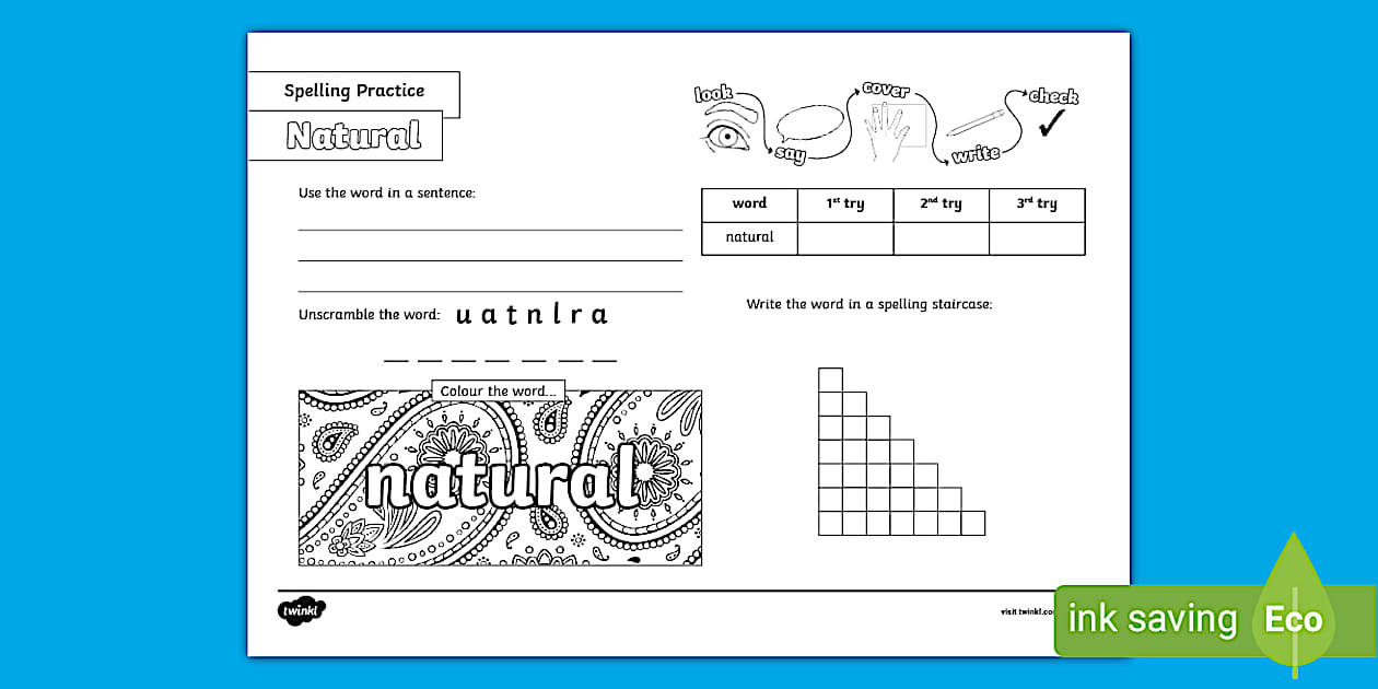 Natural Spelling Practice Worksheet (teacher made) - Twinkl