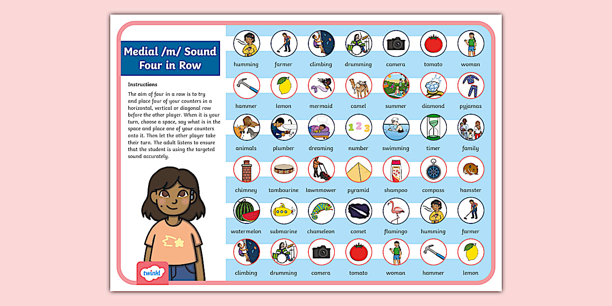 Medial /m/ Sound Four in a Row (Teacher-Made) - Twinkl
