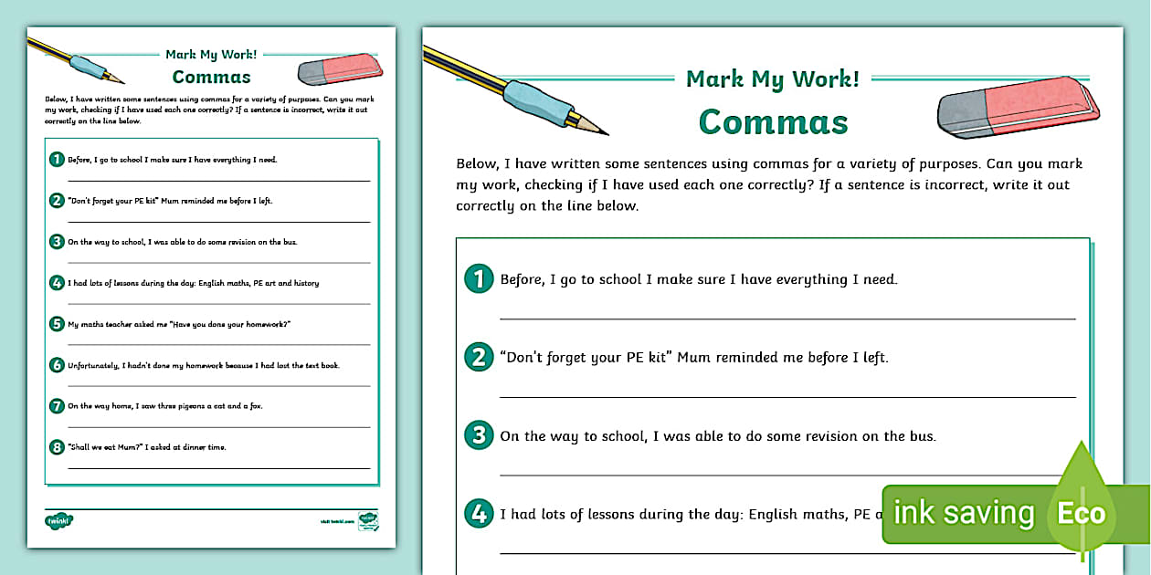 Mark My Work! Commas Activity (teacher made) - Twinkl