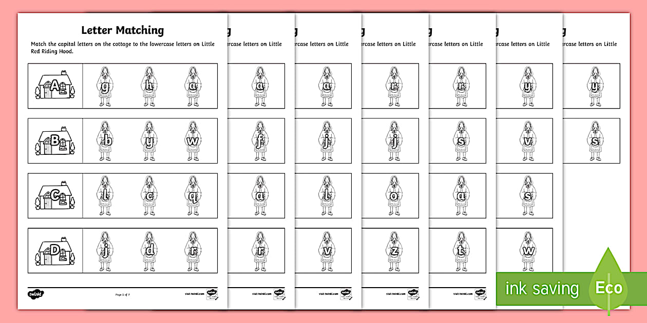 Black and White Little Red Riding Hood Capital Letter Matching Worksheet
