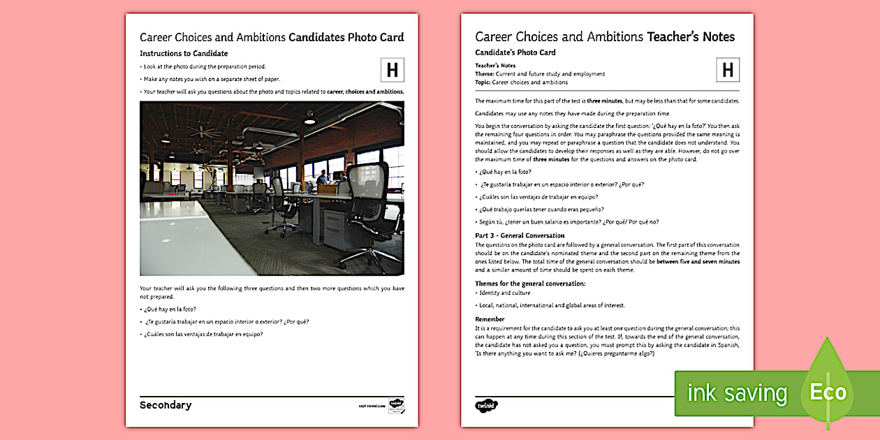 Jobs, Career Choices And Ambitions Higher Tier Photo Card Activity Spanish