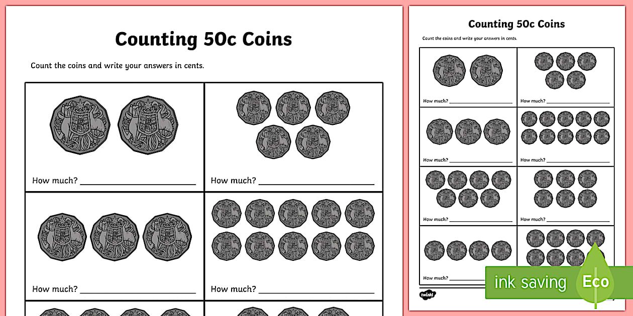 Counting 50c Coins Worksheet / Worksheet - Twinkl