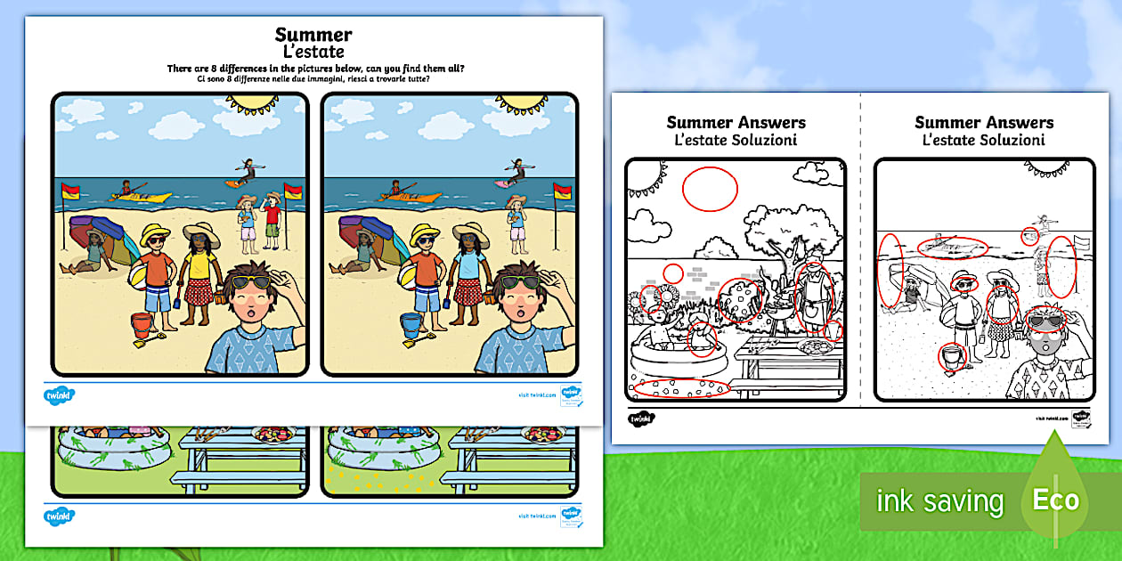 Summer Spot the Difference Activity English/Italian - Summer Spot the