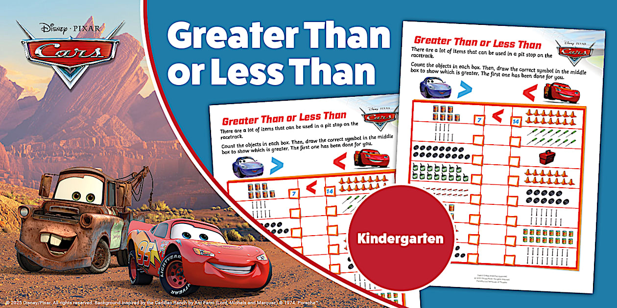 Cars: Kindergarten Greater Than or Less Than to 20 Math Worksheets