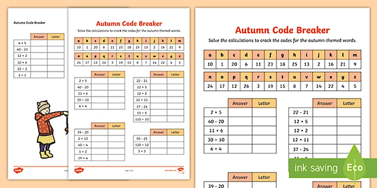 KS1 Autumn-Themed Code Breaker Worksheet - Twinkl