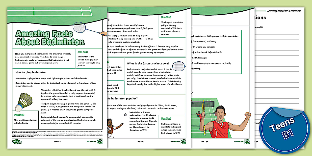 ESL Badminton Reading Comprehension [Teens, B1] - Twinkl