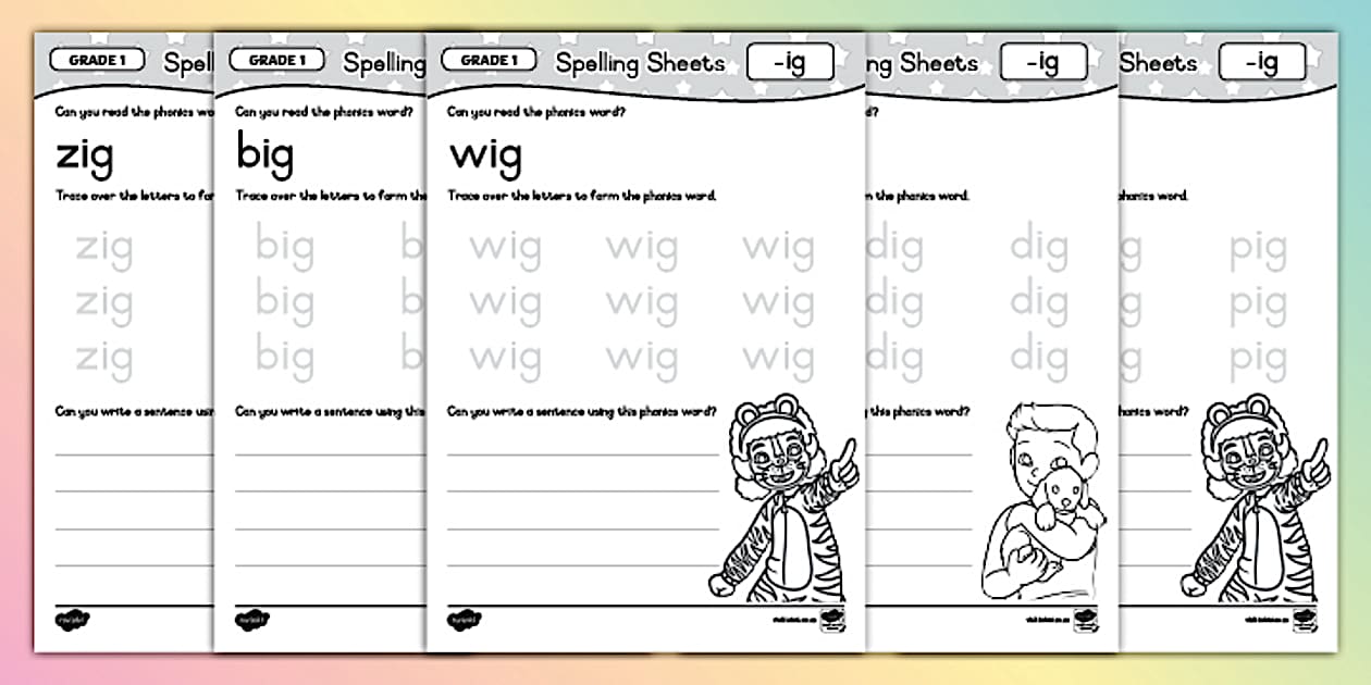 Grade 1 -ig Spelling Sheets (teacher made) - Twinkl