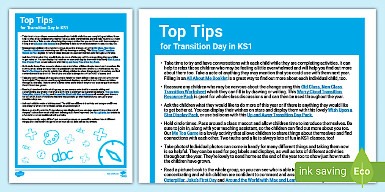 KS1 Transition Day Top Tips - KS1 Transition Ideas - Twinkl