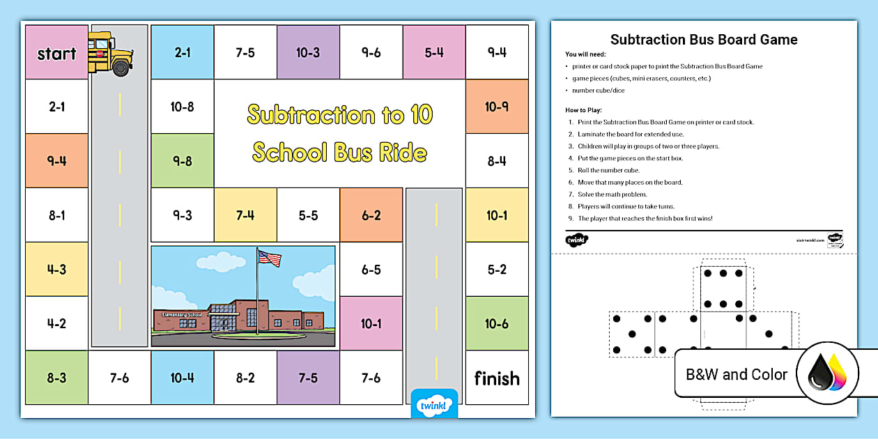 Editable Subtraction to 10 School Bus Board Game - Twinkl
