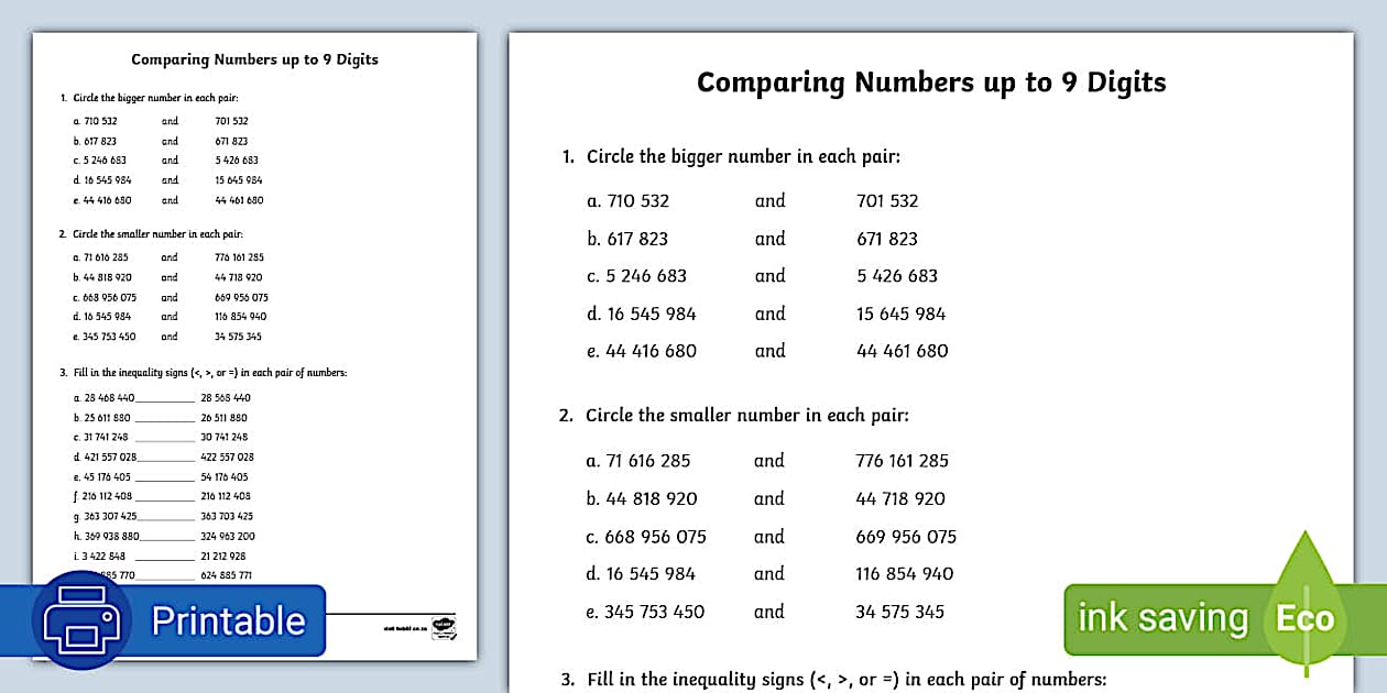 Comparing Numbers up to 9 Digits Activity Sheet - Twinkl