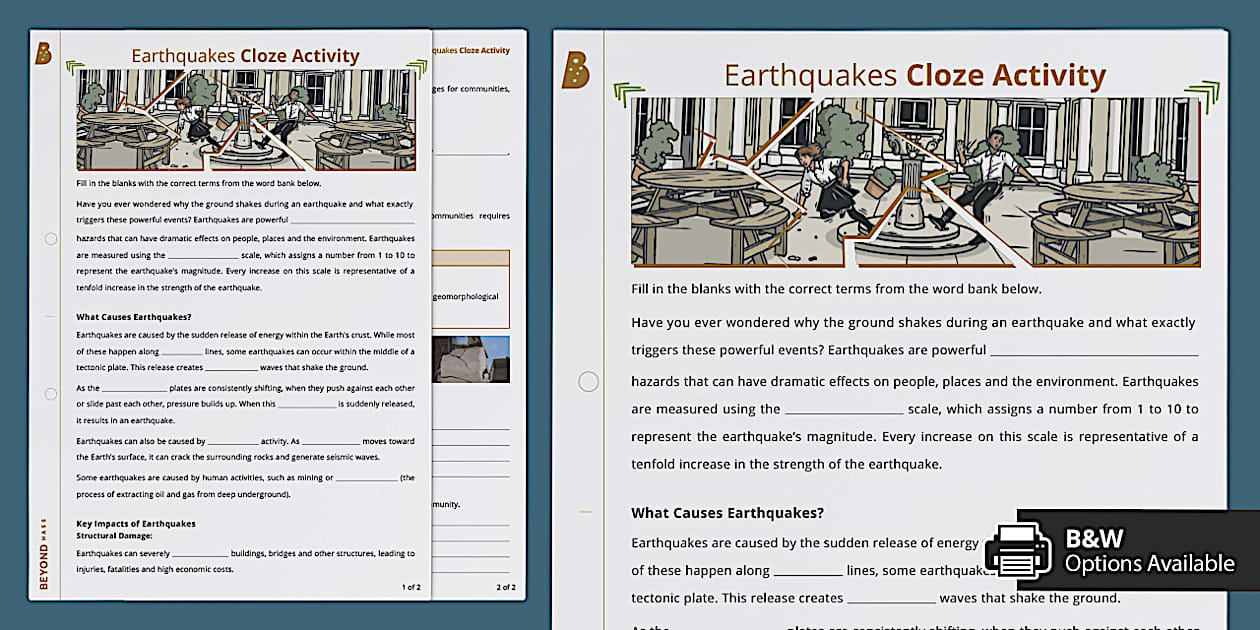 Twinkl Year 8 Earthquakes Worksheet | Cloze Activity
