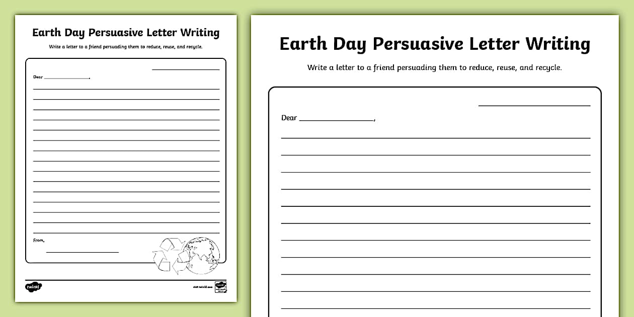 Earth Day Persuasive Letter Writing Worksheet for 3rd-5th Grade