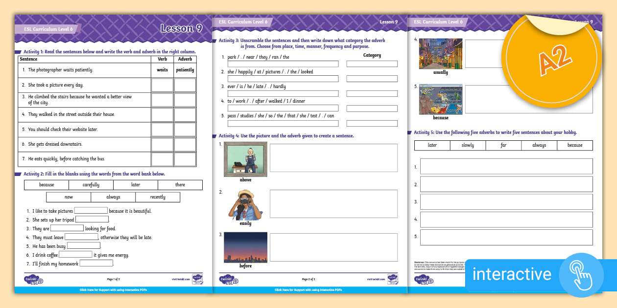 ESL Curriculum Level 6, Lesson 9 Interactive Worksheet
