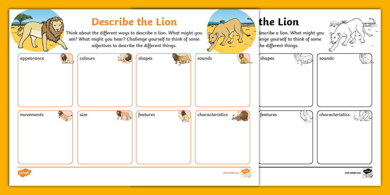 Lion Adjectives Worksheet - Twinkl Primary