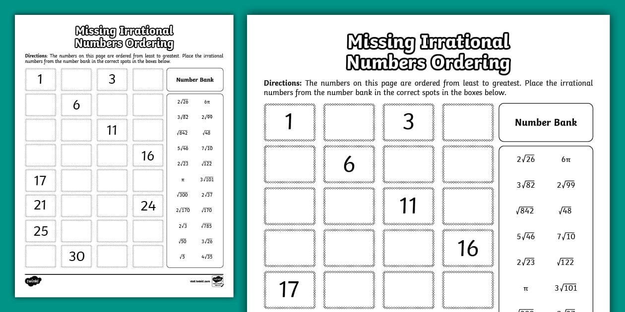 Eighth Grade Missing Irrational Numbers Ordering Activity
