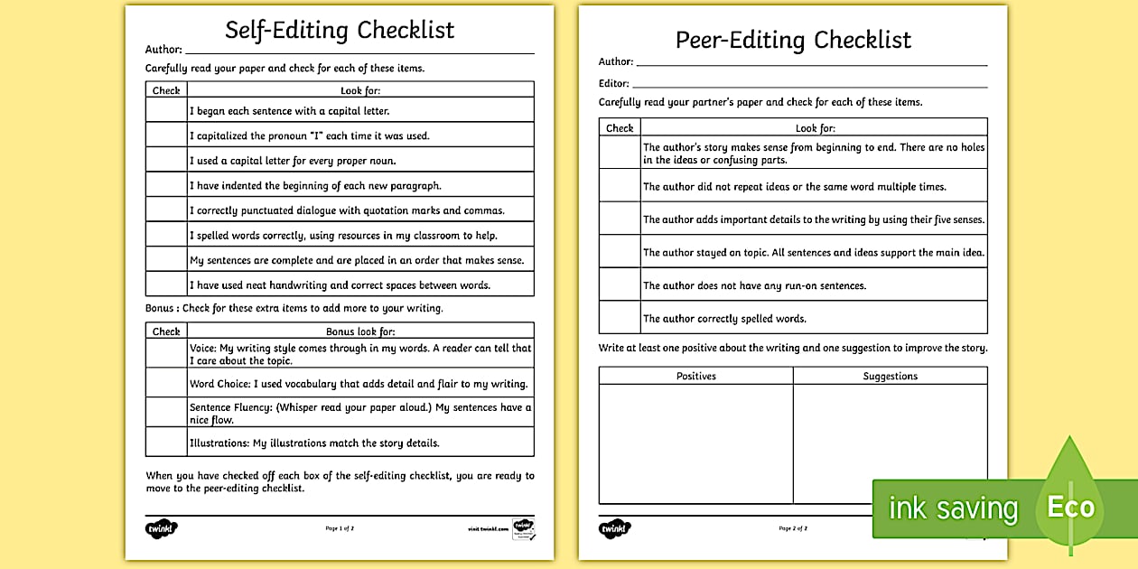 Editable Self-Editing and Peer-Editing Writing Checklist for 3rd-5th Grade