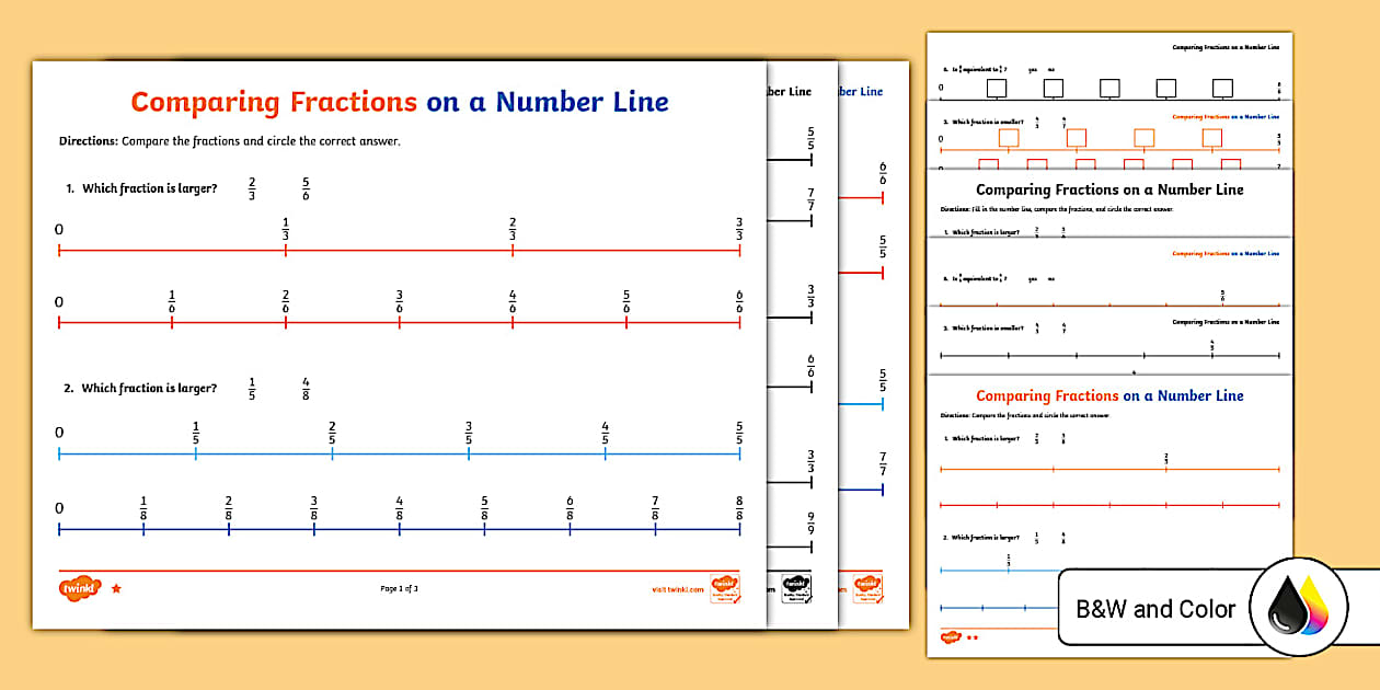 Comparing Fractions on a Number Line Differentiated Worksheet for 3rd-5th