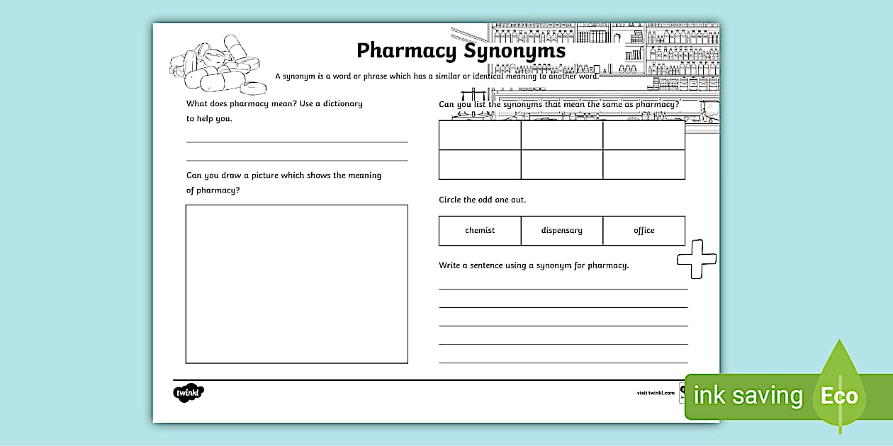 Pharmacy Synonyms Worksheet (Teacher-Made) - Twinkl