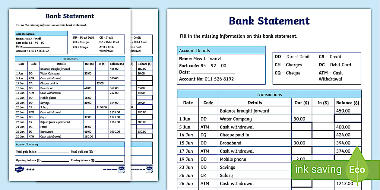 Bank Statement Worksheet (teacher made) - Twinkl