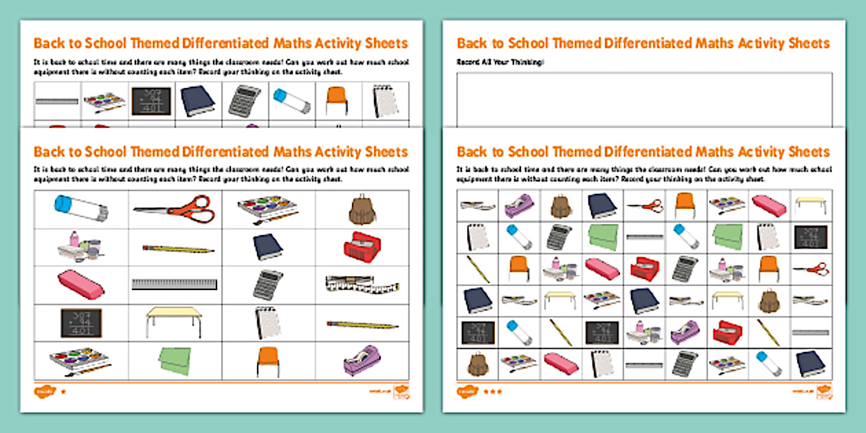 Back to School Themed Differentiated Maths Worksheet