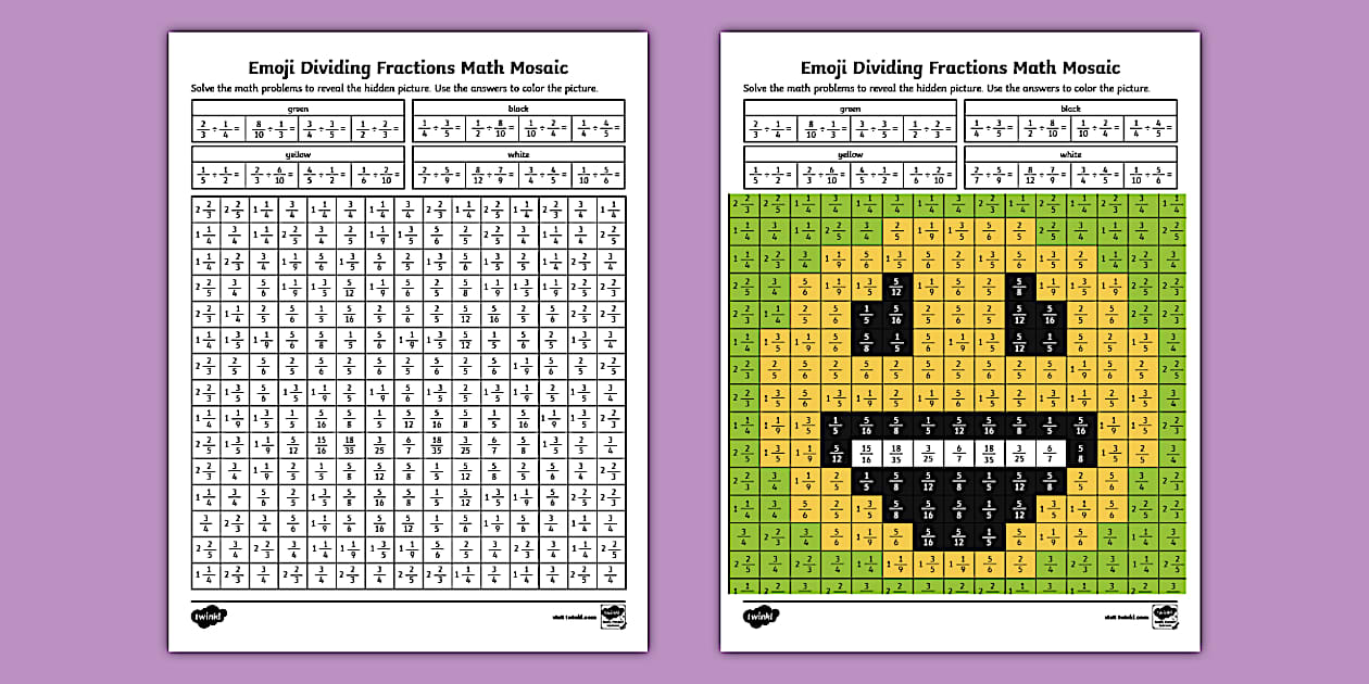 😊 Emoji Dividing Fractions Math Mosaic for 3rd-5th Grade