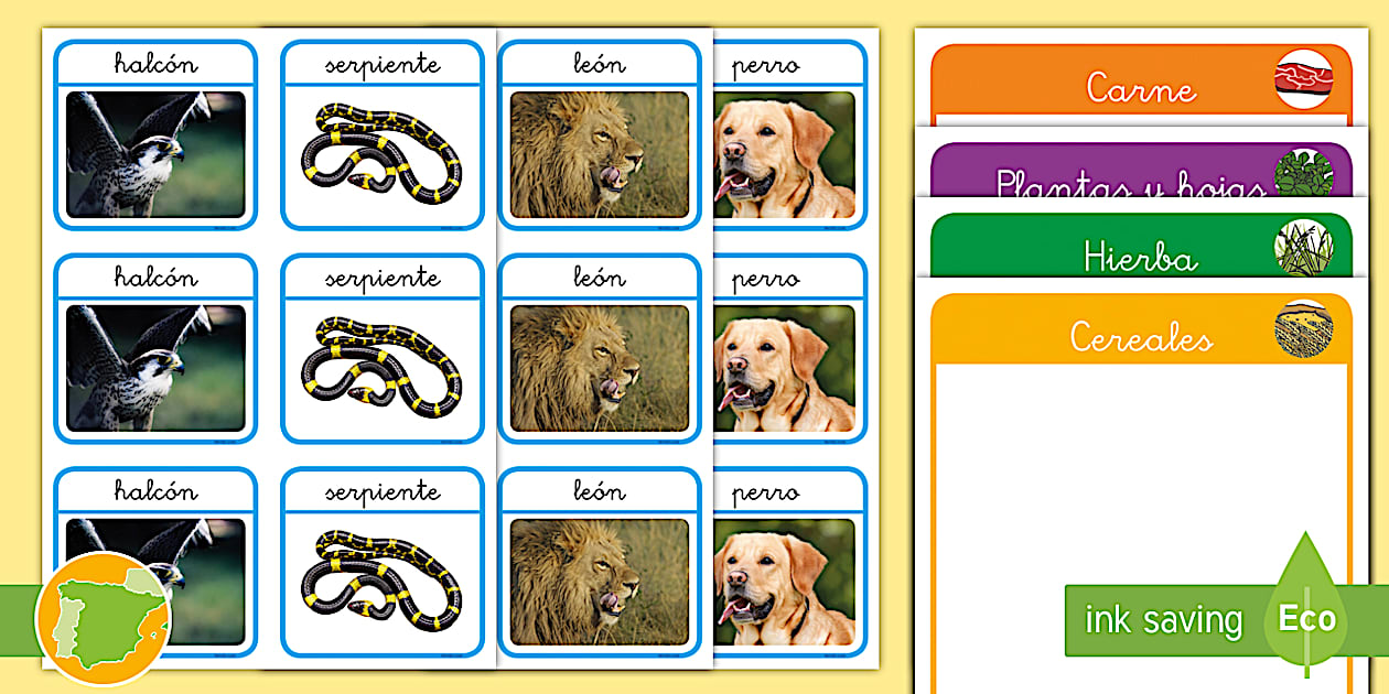 Tarjetas de clasificar: Los animales y sus comidas - Twinkl