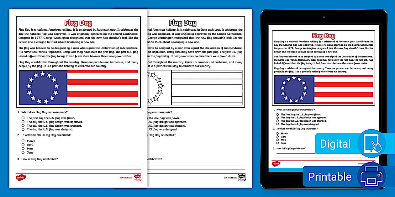 Flag Day Reading Comprehension Worksheet | Twinkl USA