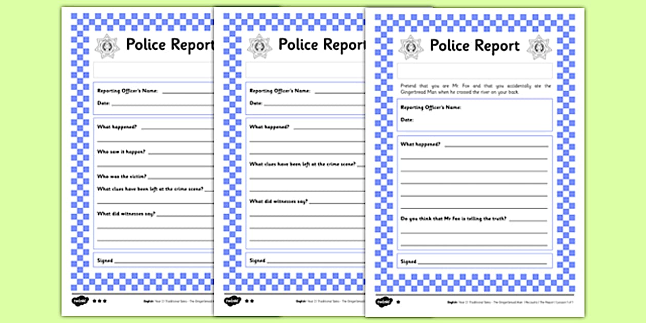Police Report Template | The Gingerbread Man Worksheets