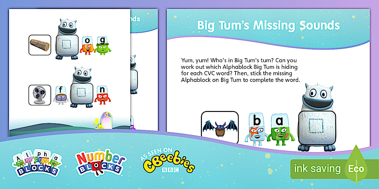 FREE! - Big Tum's CVC Word Missing Sounds Activity Sheet (Steps 1-5)