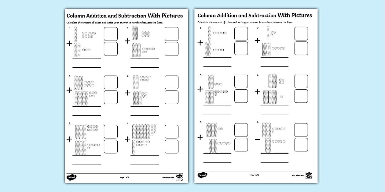 👉 2-Digit Column Addition and Subtraction with Pictures Worksheet - Primary